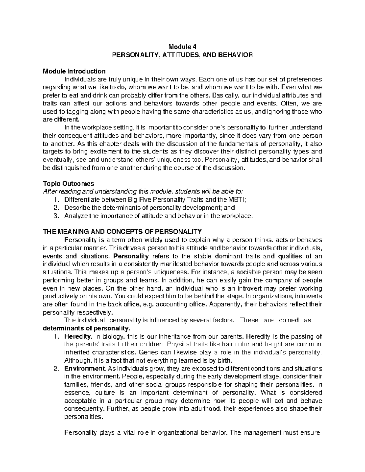 Module 4 - hbo - Module 4 PERSONALITY, ATTITUDES, AND BEHAVIOR Module ...