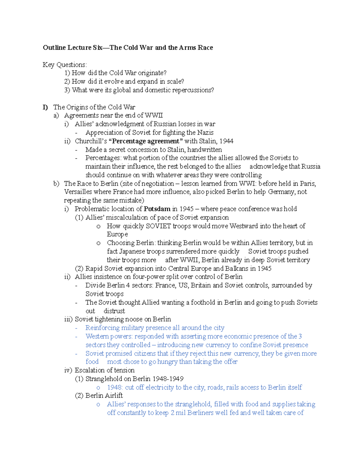 Outline Lecture Six—The Cold War and the Arms Race - Outline Lecture ...