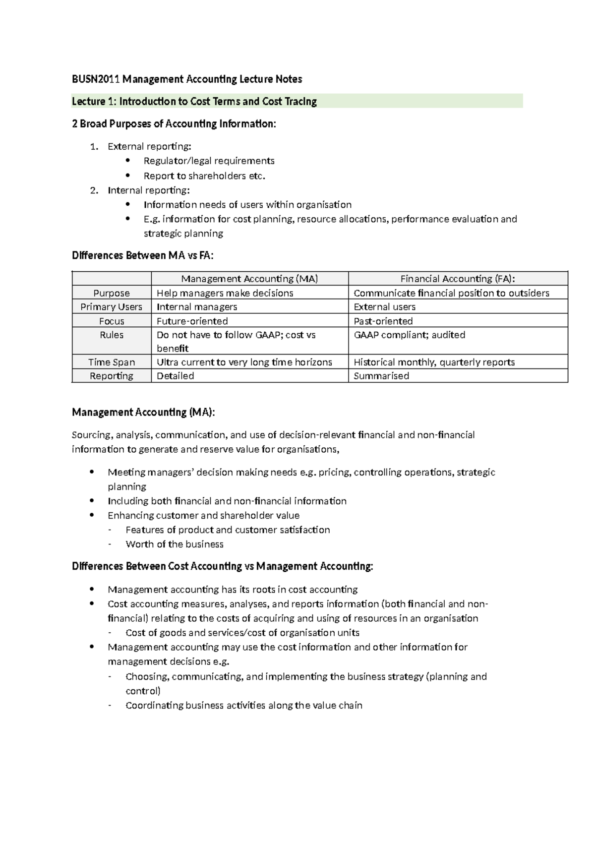 BUSN2011 Management Accounting Lecture Notes - External reporting ...