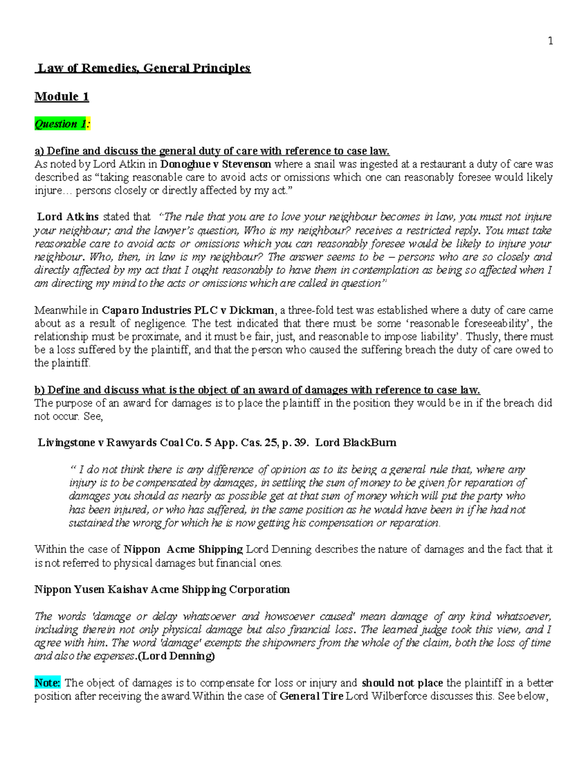 Law of Remedies Module one - 1 Law of Remedies, General Principles ...