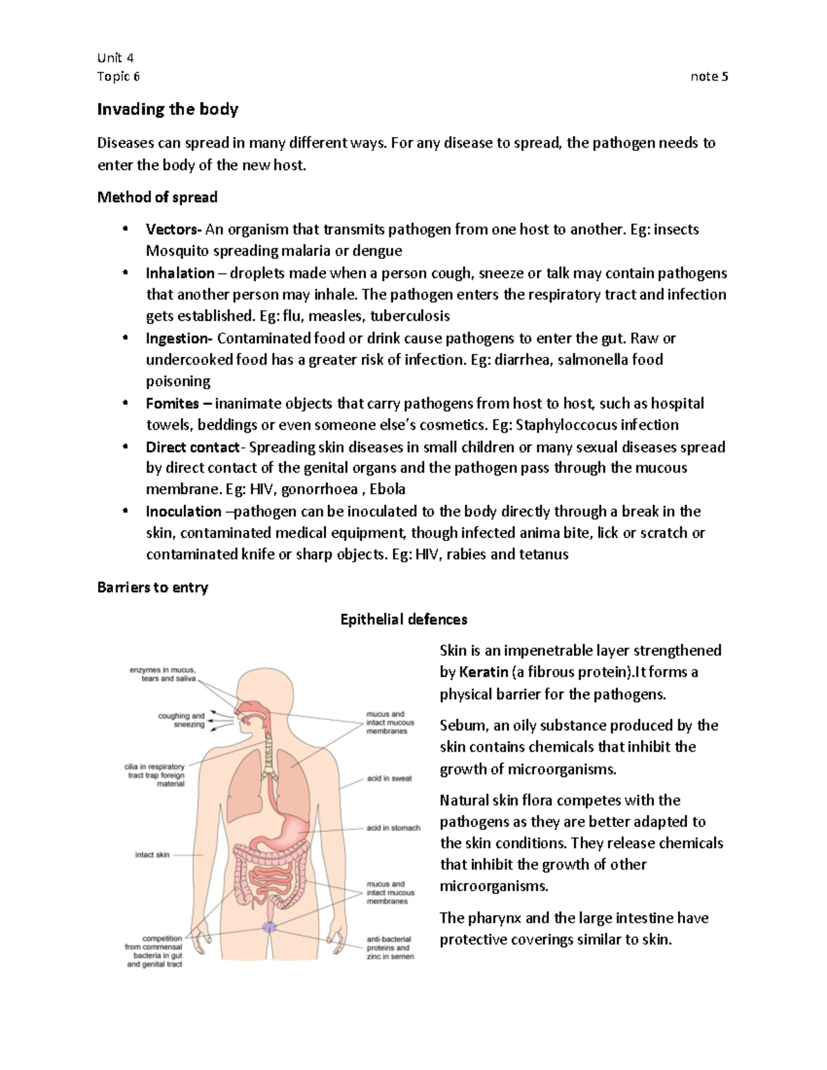 Note 5 Invading the body - Unit 4 Topic 6 note 5 Invading the body ...