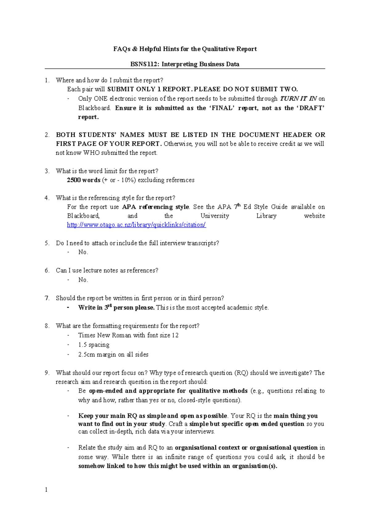 BSNS112 2024 Qualitative Report FAQs - FAQs & Helpful Hints for the Qualitative Report BSNS112 ...