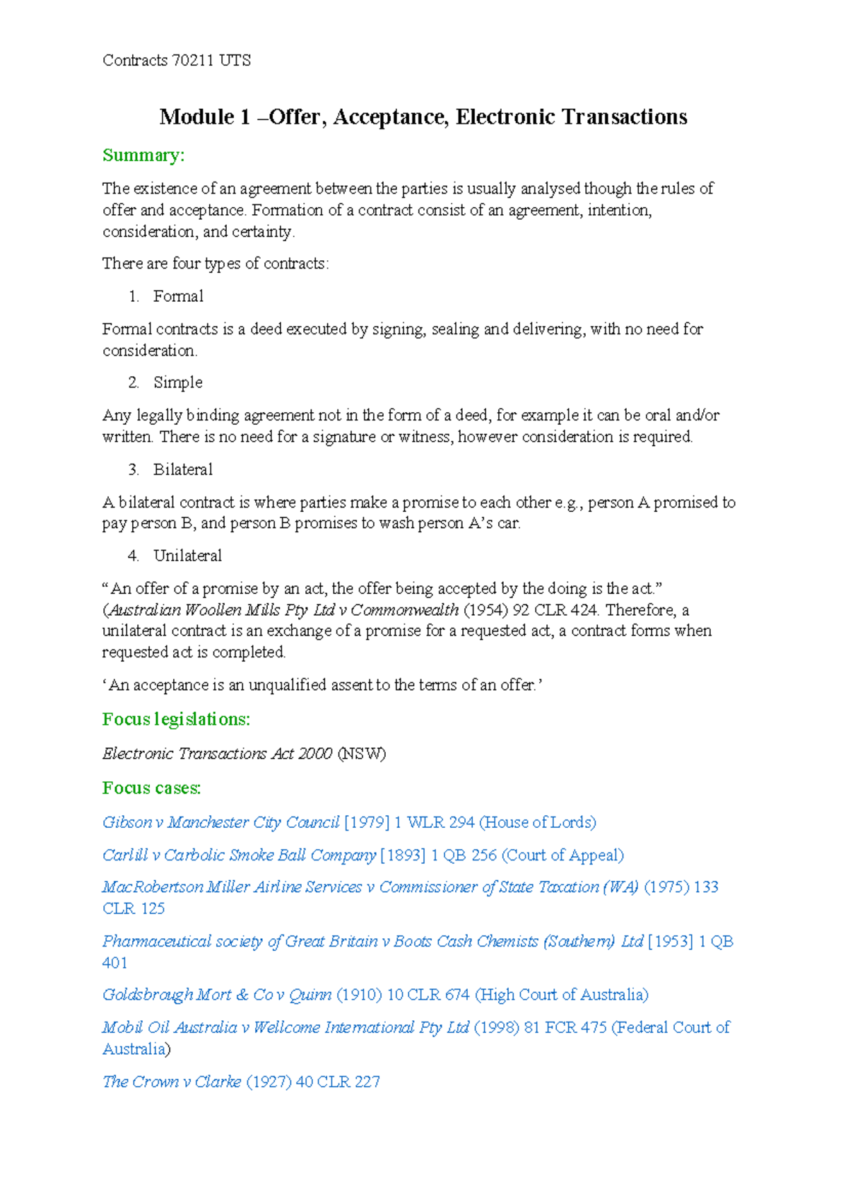 Module 1 Offer, Acceptance, Electronic Transactions - Module 1 –Offer ...