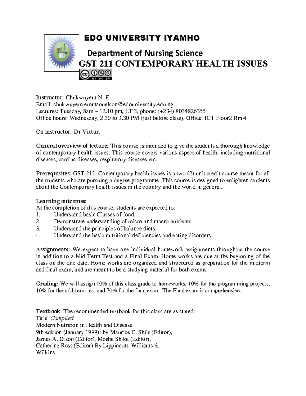 Contemporary health issues - EDO UNIVERSITY IYAMHO Department of ...