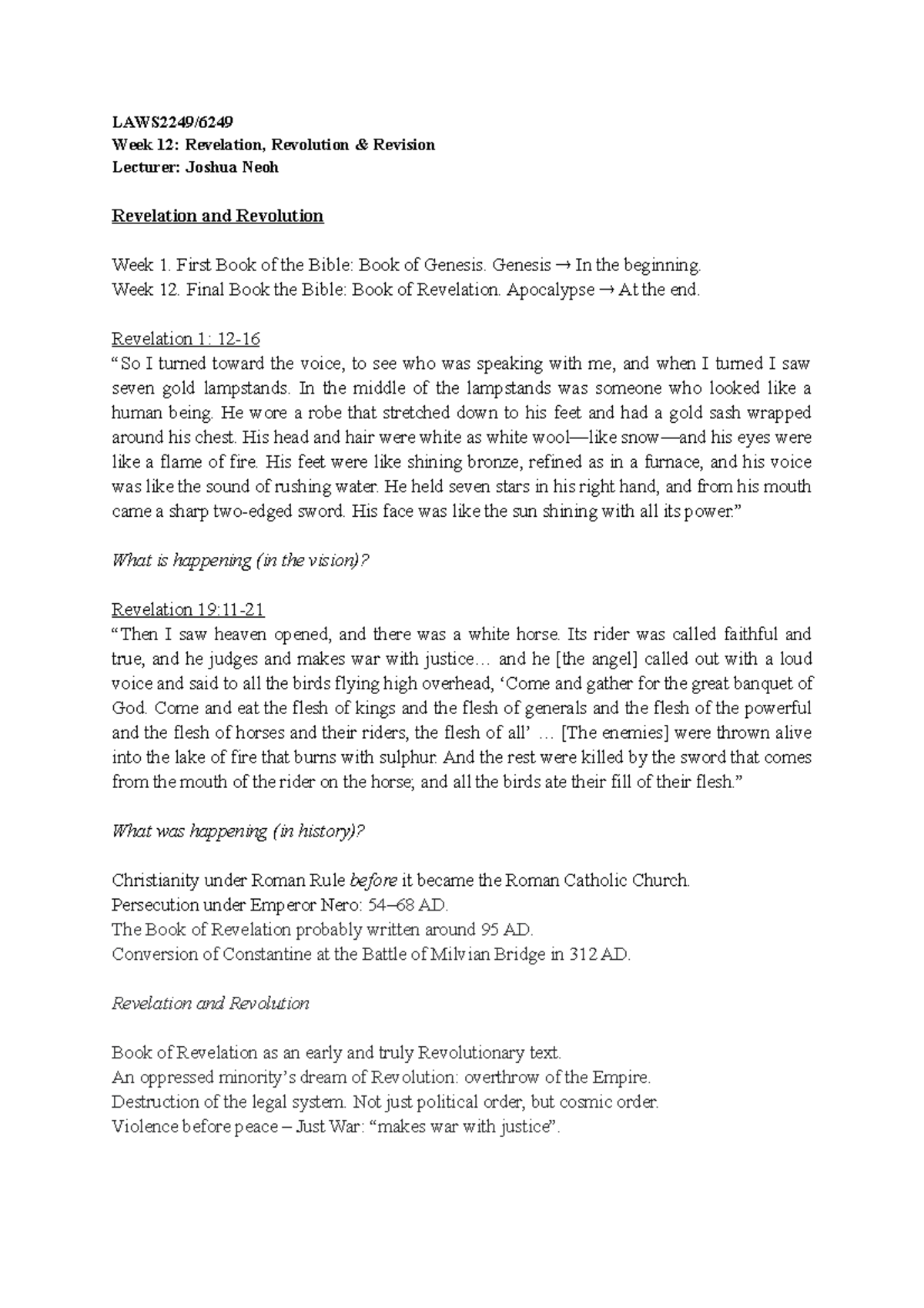 Week 12 Lecture Handout - LAWS2249/ Week 12: Revelation, Revolution ...
