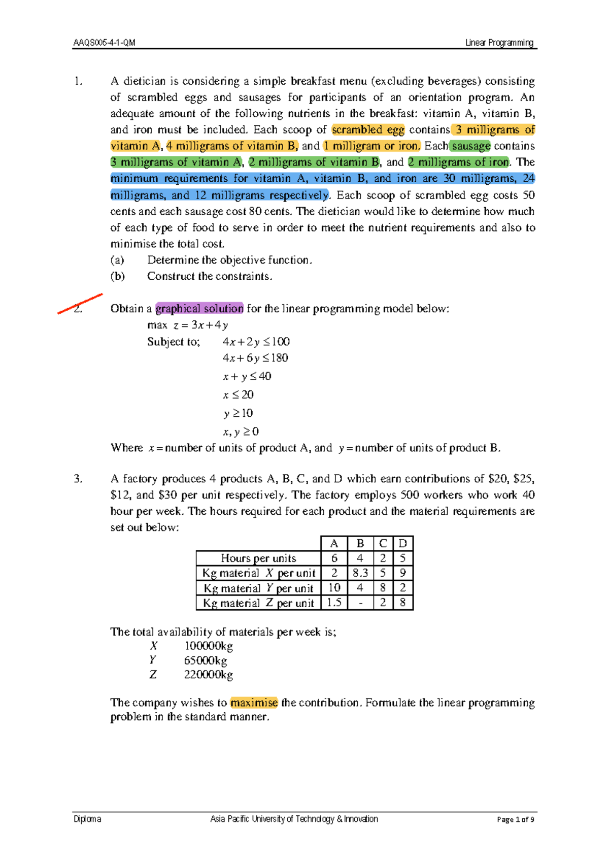 T4 - Linear Programming - A dietician is considering a simple breakfast ...