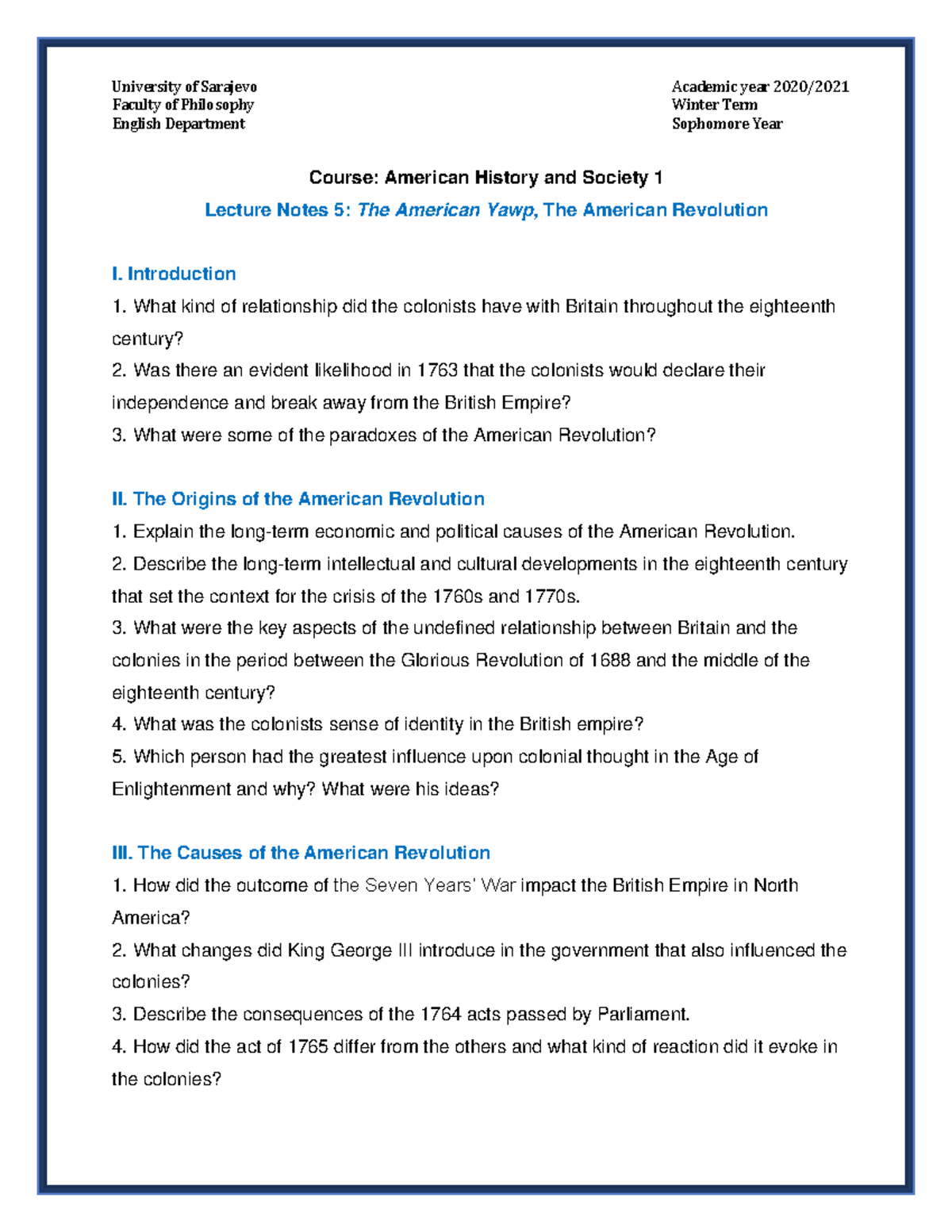 American History and Society 1 Unit5 - University of Sarajevo Academic ...