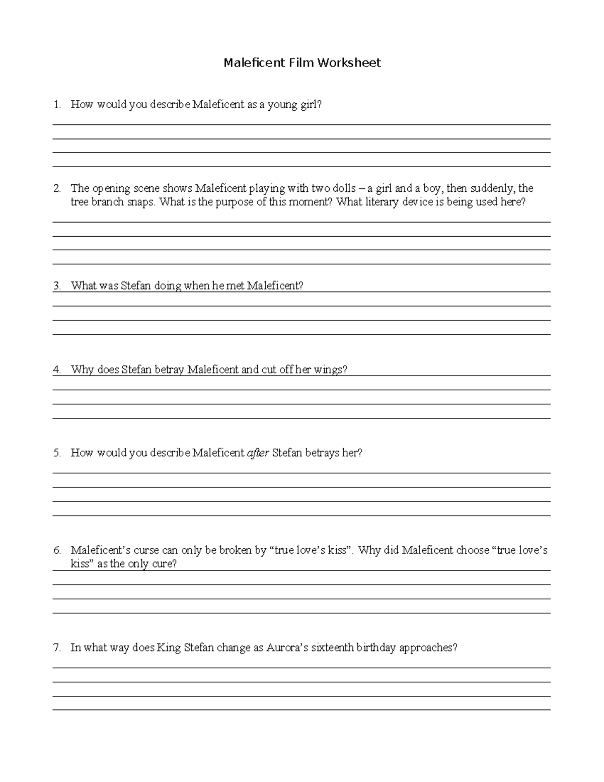 Maleficent Worksheet - Maleficent Film Worksheet How would you describe ...