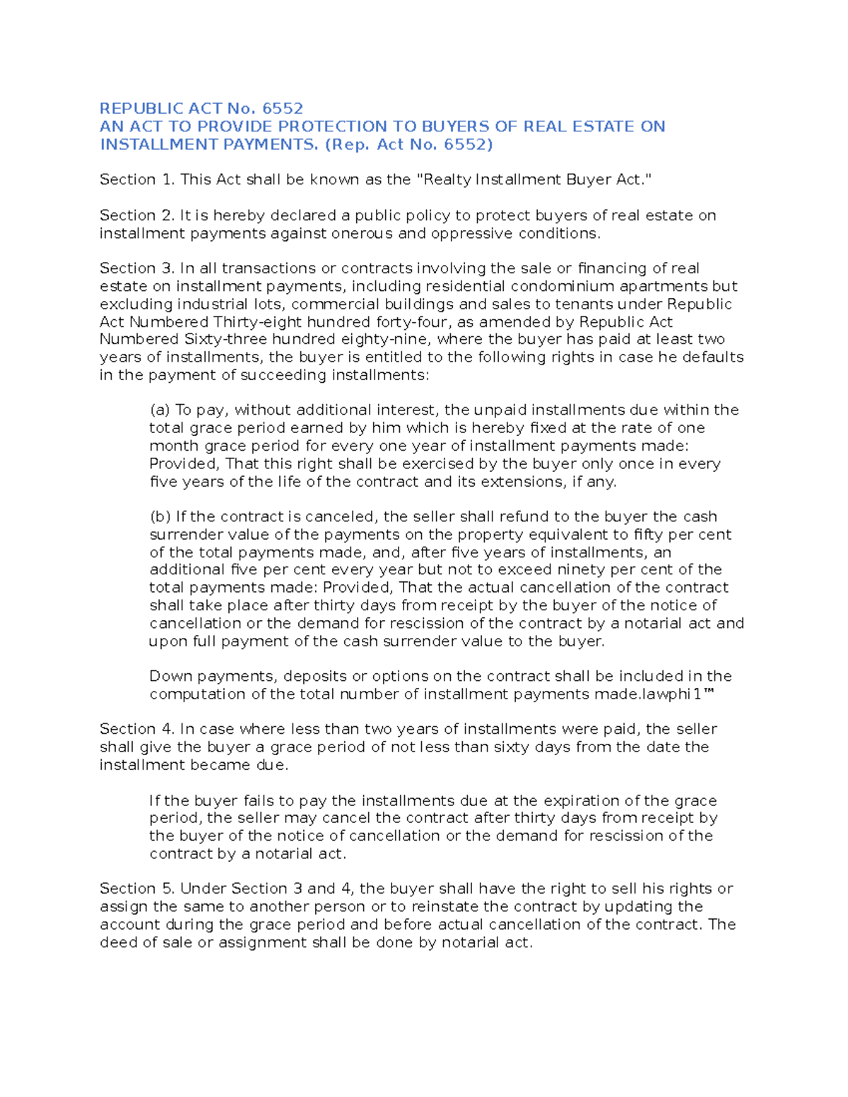 Law - Law - REPUBLIC ACT No. 6552 AN ACT TO PROVIDE PROTECTION TO ...