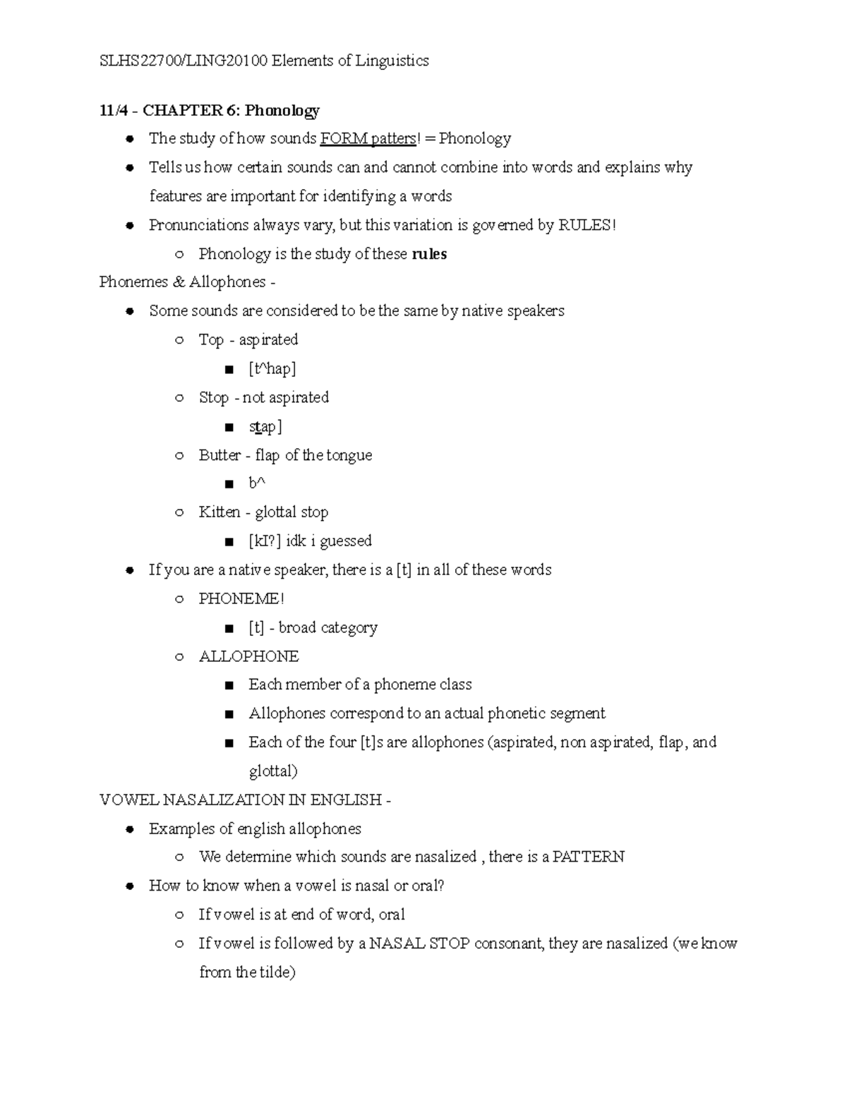 SLHS 227 - Phonology - Detailed lecture notes - SLHS22700/LING20100 ...