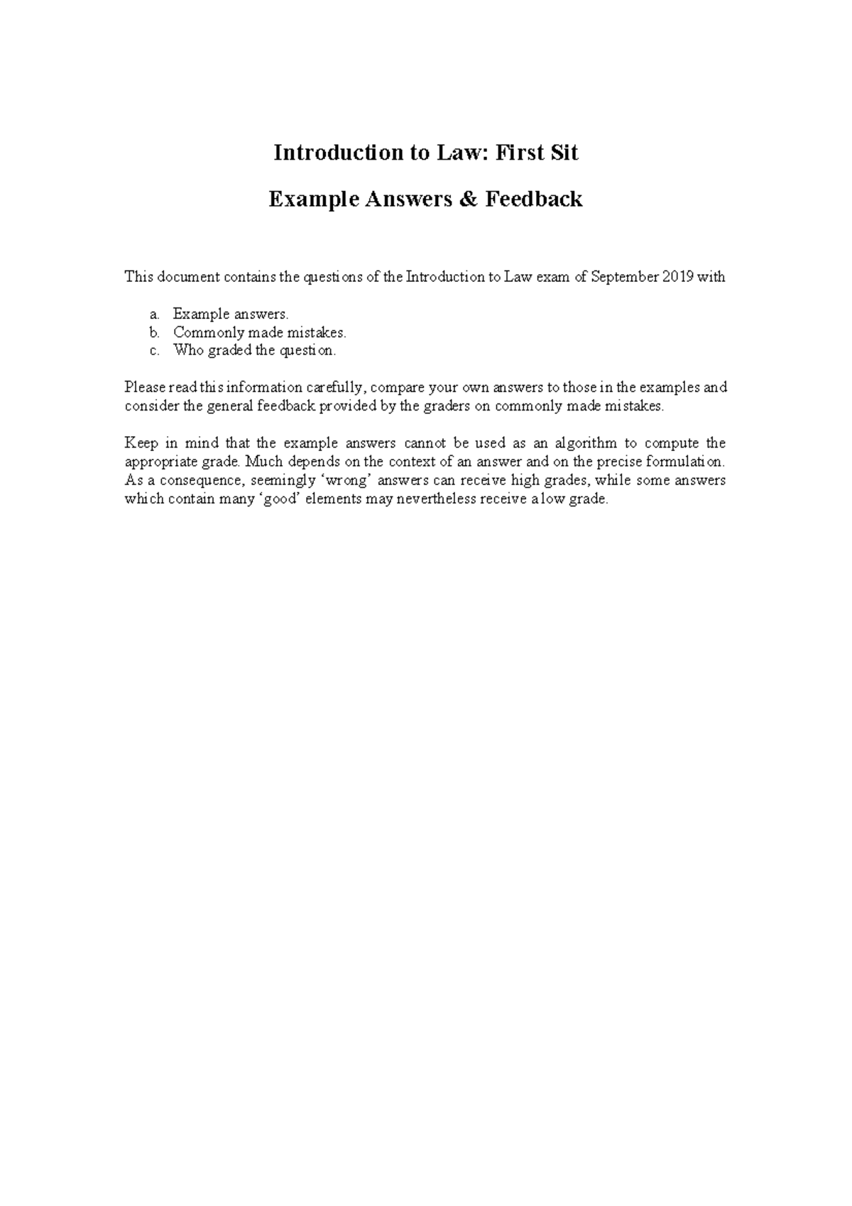 Intro 1 - vbnmlkj - Introduction to Law: First Sit Example Answers ...