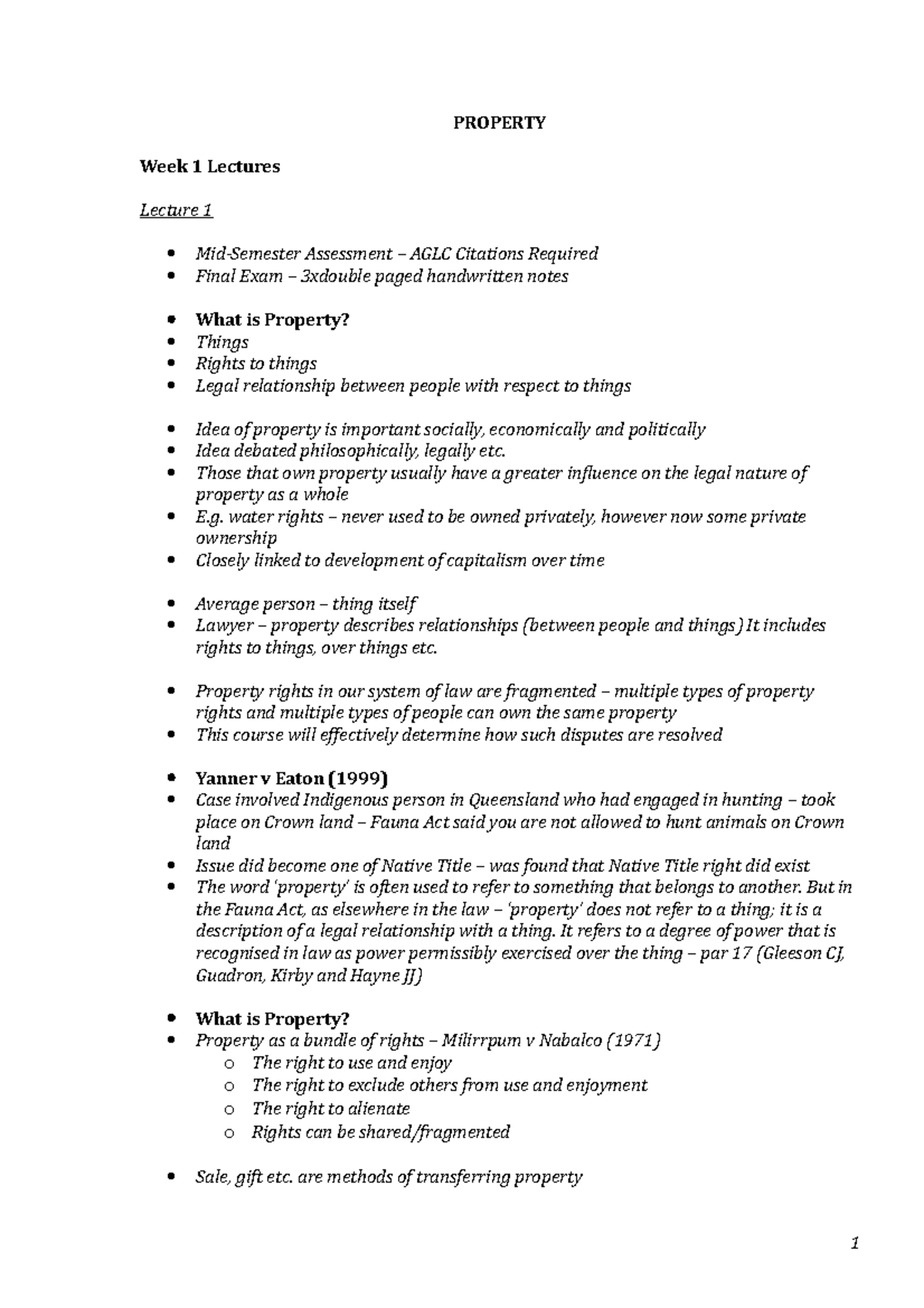 Lecture Slides - PROPERTY Week 1 Lectures Lecture 1 Mid-Semester ...