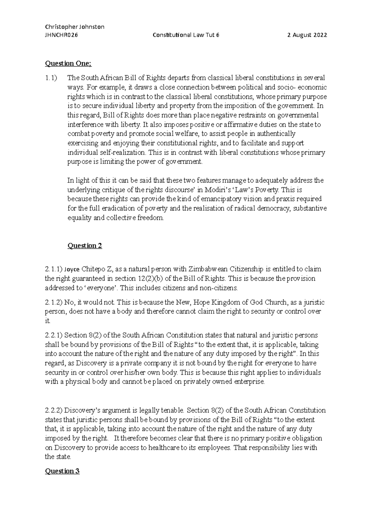 Tut 6 Tutorial For Tut 6 Exam Prep Christopher Johnston Jhnchr026 Constitutional Law Tut 6 
