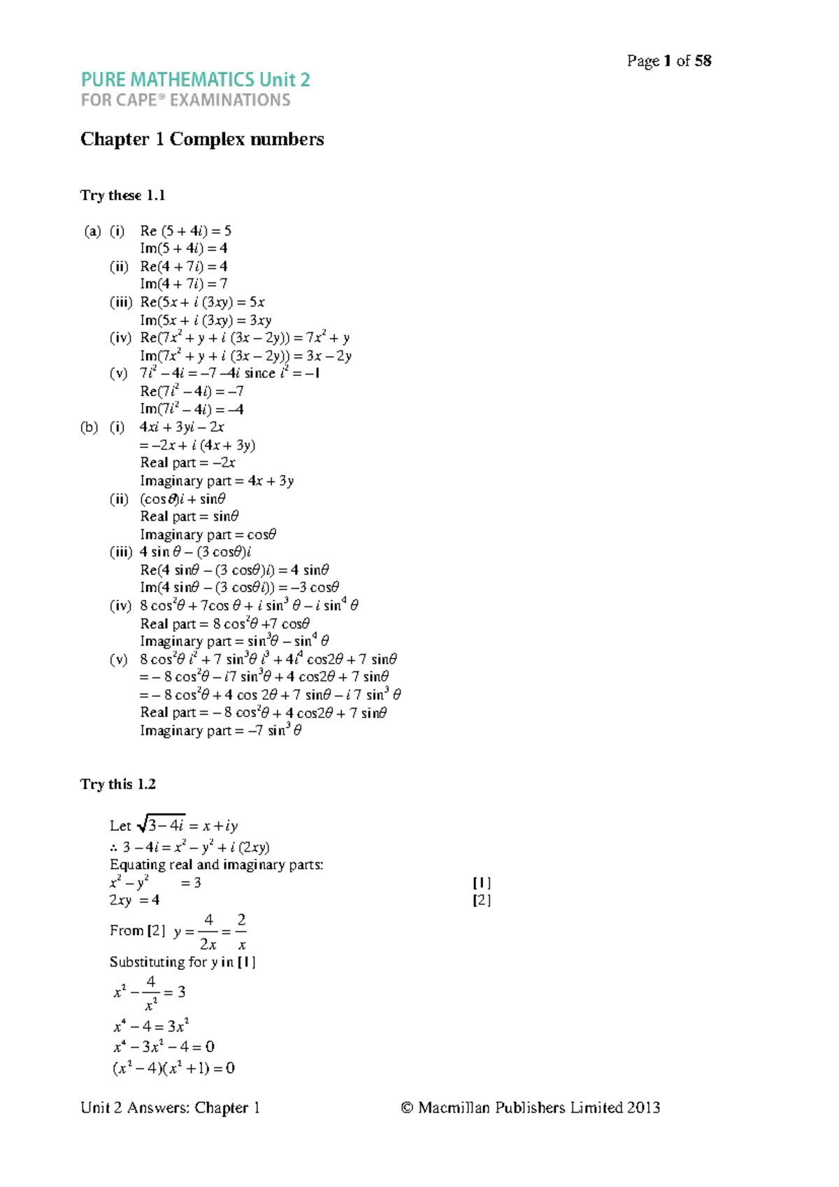 Complex Numbers Chapter 1 Answers - Chapter 1 Complex numbers Try these 1. (a) (i) Re (5 + 4i ...