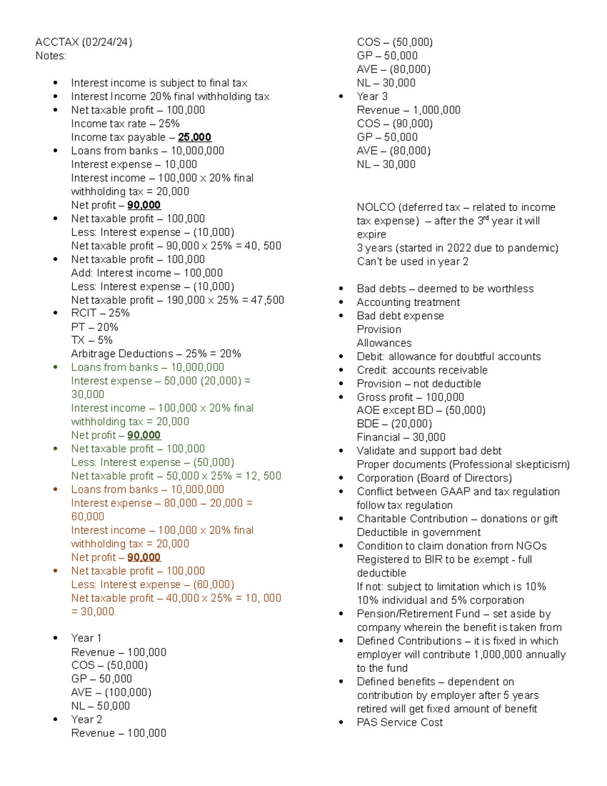 Accounting Taxation Notes - ACCTAX (02/24/24) Notes: Interest income is ...