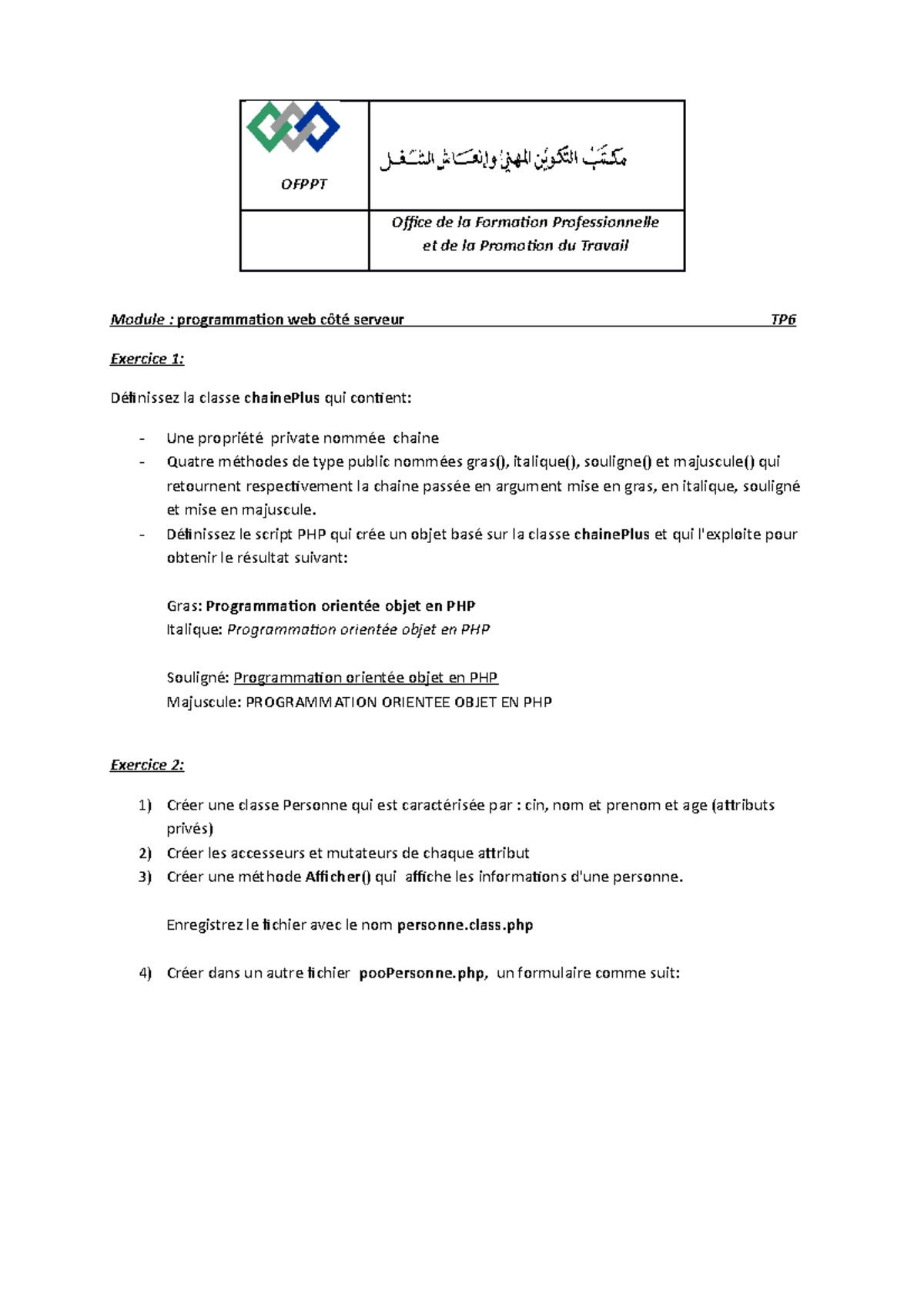 TP 6 PHP - Des exercices pour faire entrainer - Module : programmation web côté serveur TP ...