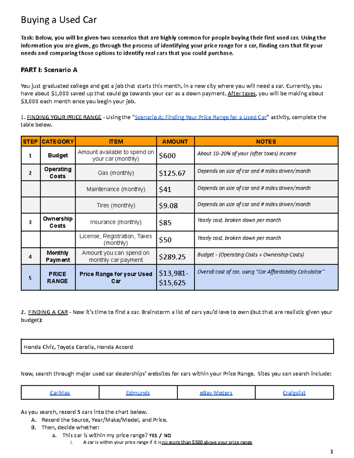 PROJECT: Buying a Used Car - Buying a Used Car Task: Below, you will be ...