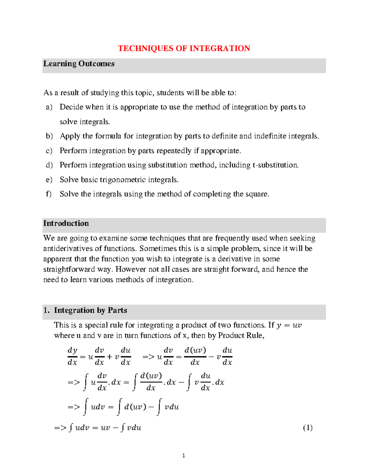 Lesson 5 Techniques of Integration - TECHNIQUES OF INTEGRATION Learning ...