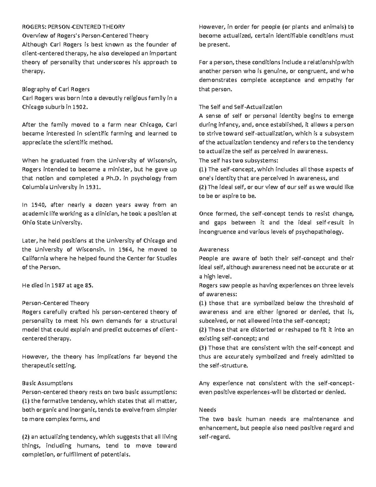 Carl Rogers - REVIEWER - ROGERS: PERSON-CENTERED THEORY Overview of ...