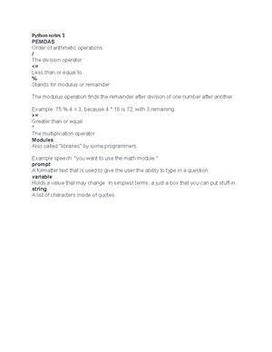 Python notes 1 - Example: 75 % 4 = 3, because 4 * 18 is 72, with 3 ...