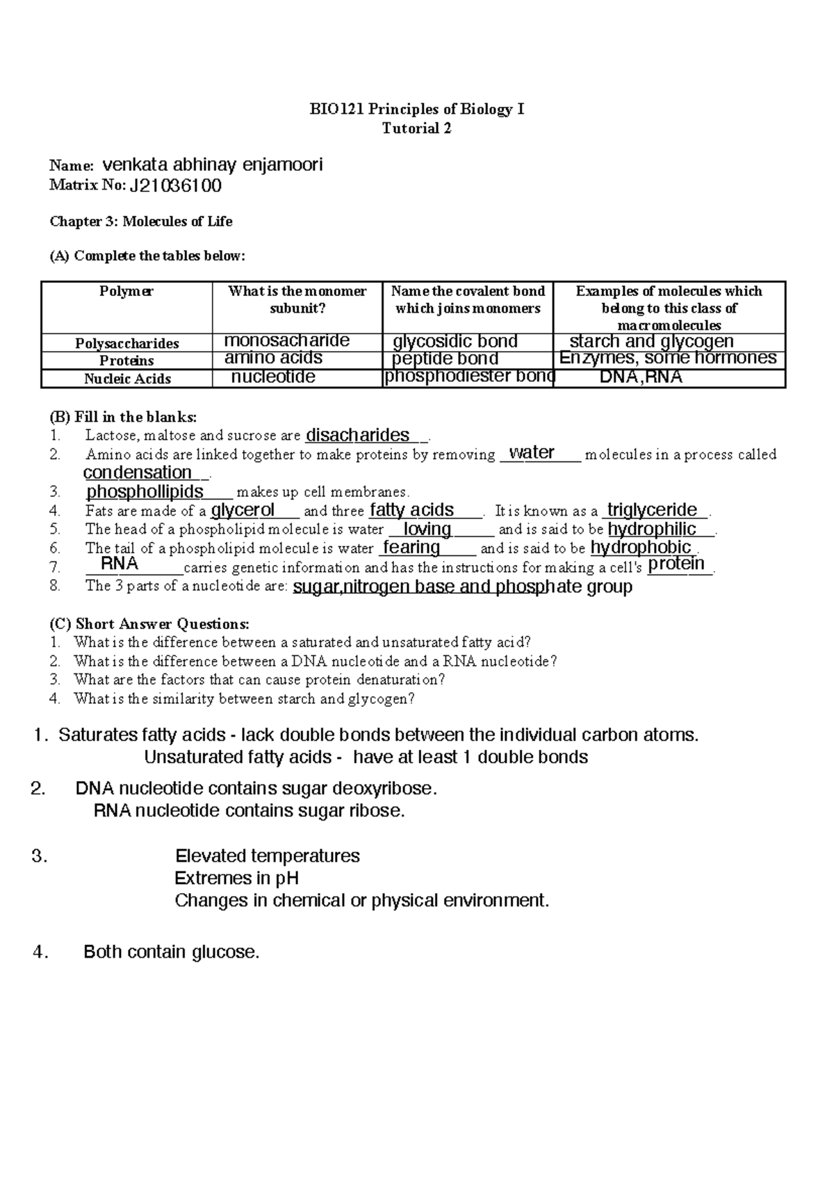 bio 121 no charge - BIO121 Principles of Biology I Tutorial 2 Name ...