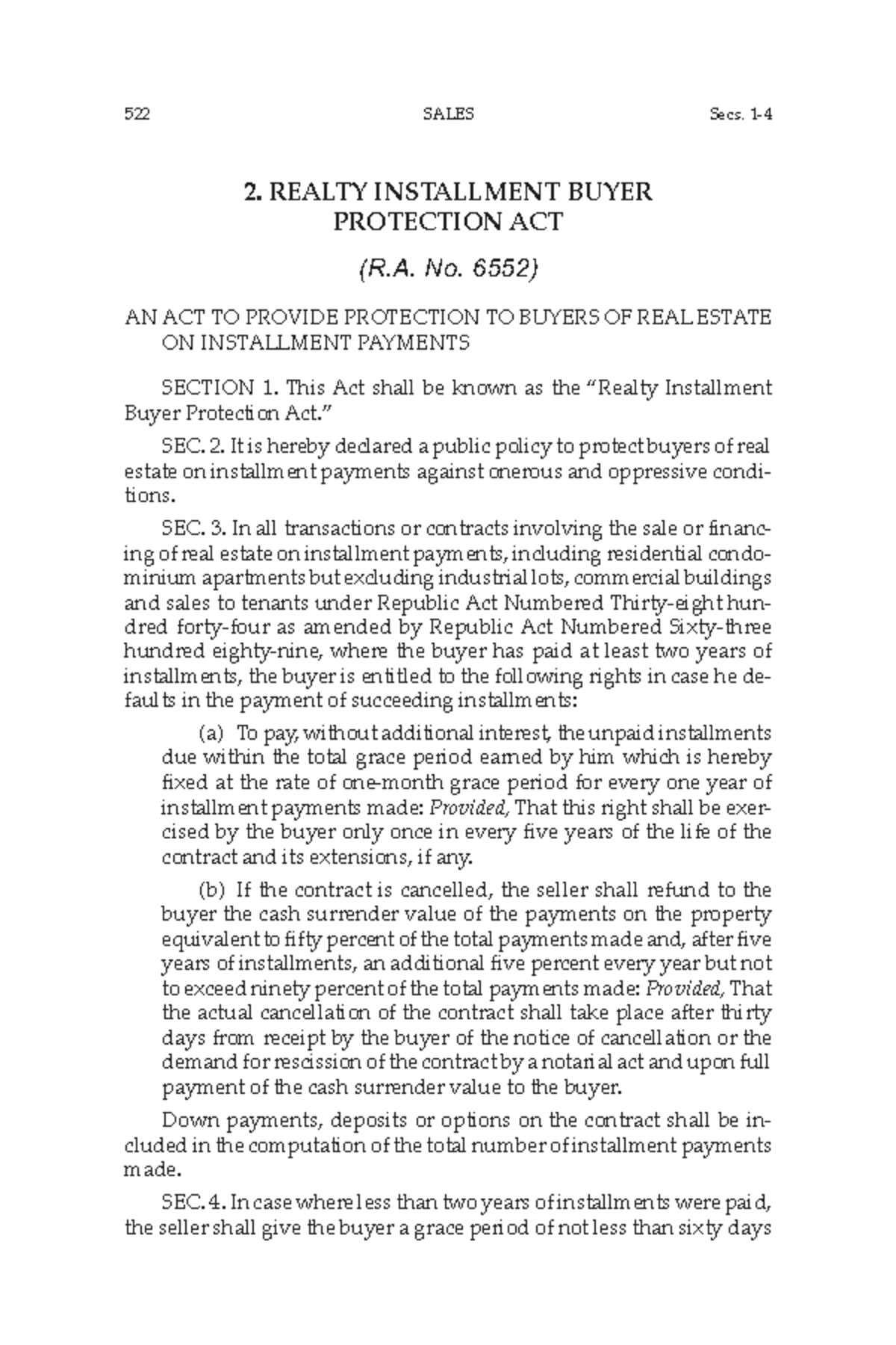 RA-6552 - law - 522 SALES 2. REALTY INSTALLMENT BUYER PROTECTION ACT (R ...