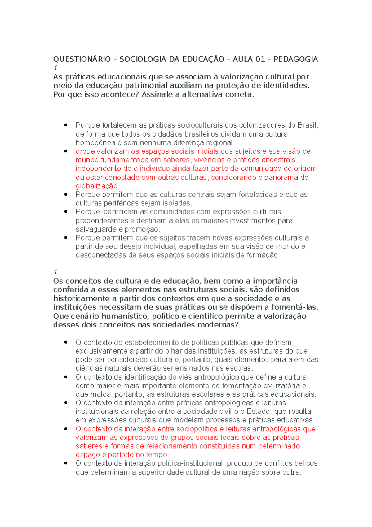 Questionári 1 - questionarios provas - QUESTIONÁRIO – SOCIOLOGIA DA ...