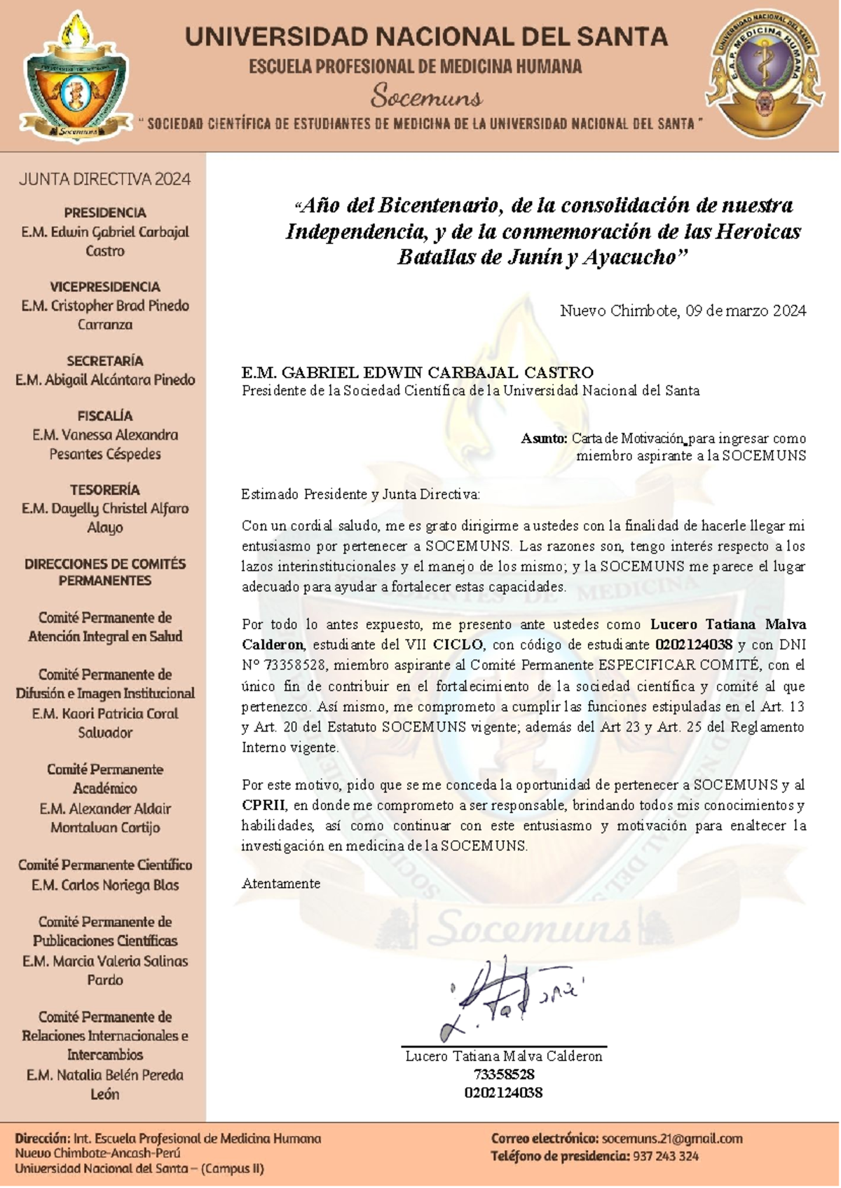 Carta DE MotivacióN - Nuevo Chimbote, 09 de marzo 2024 E. GABRIEL EDWIN ...