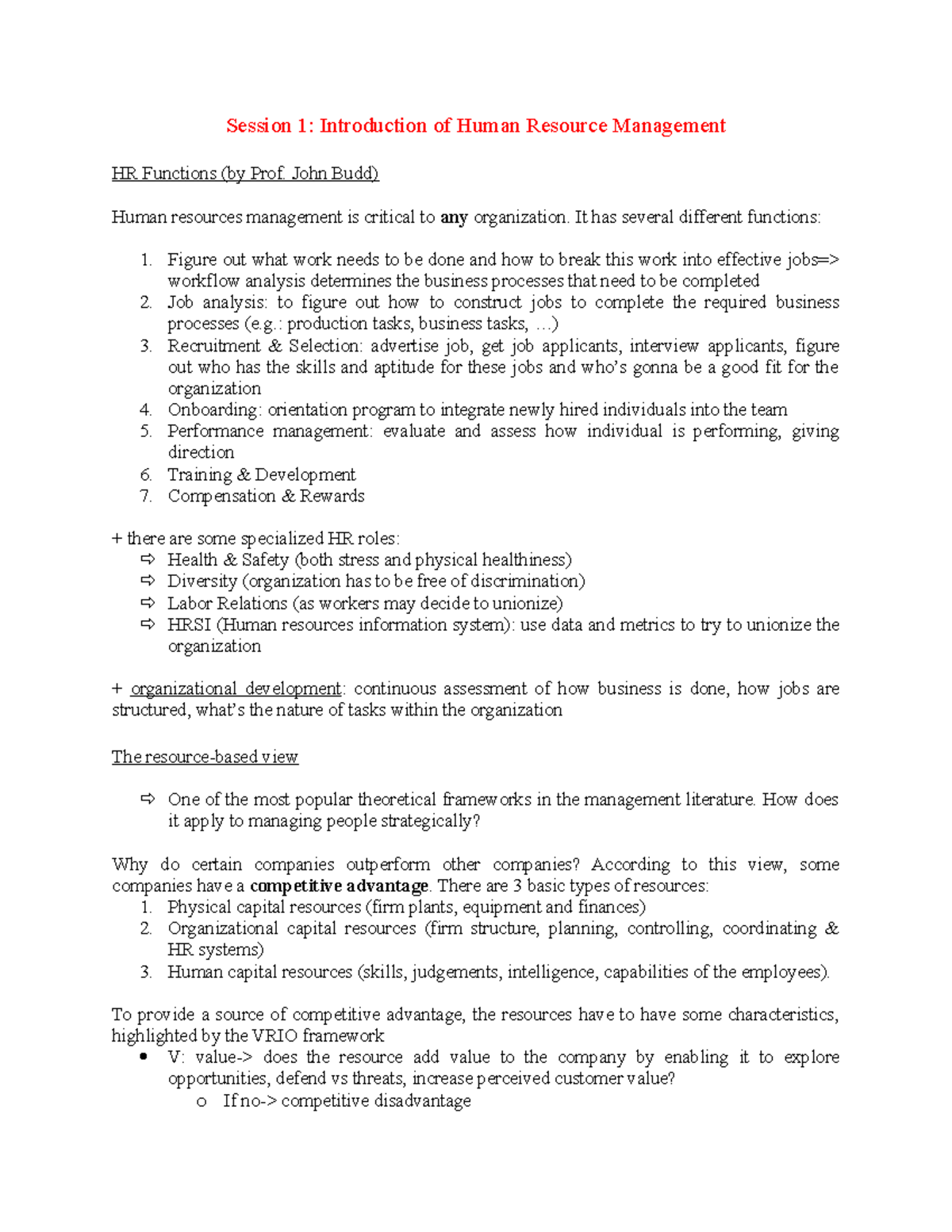 Human Resources Management Notes complete - Session 1: Introduction of ...