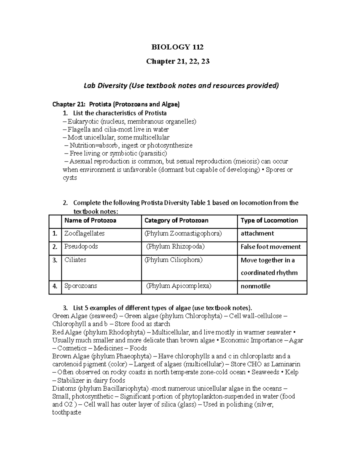 Chapter 21, 22, 23 Diversity - BIOLOGY 112 Chapter 21, 22, 23 Lab ...