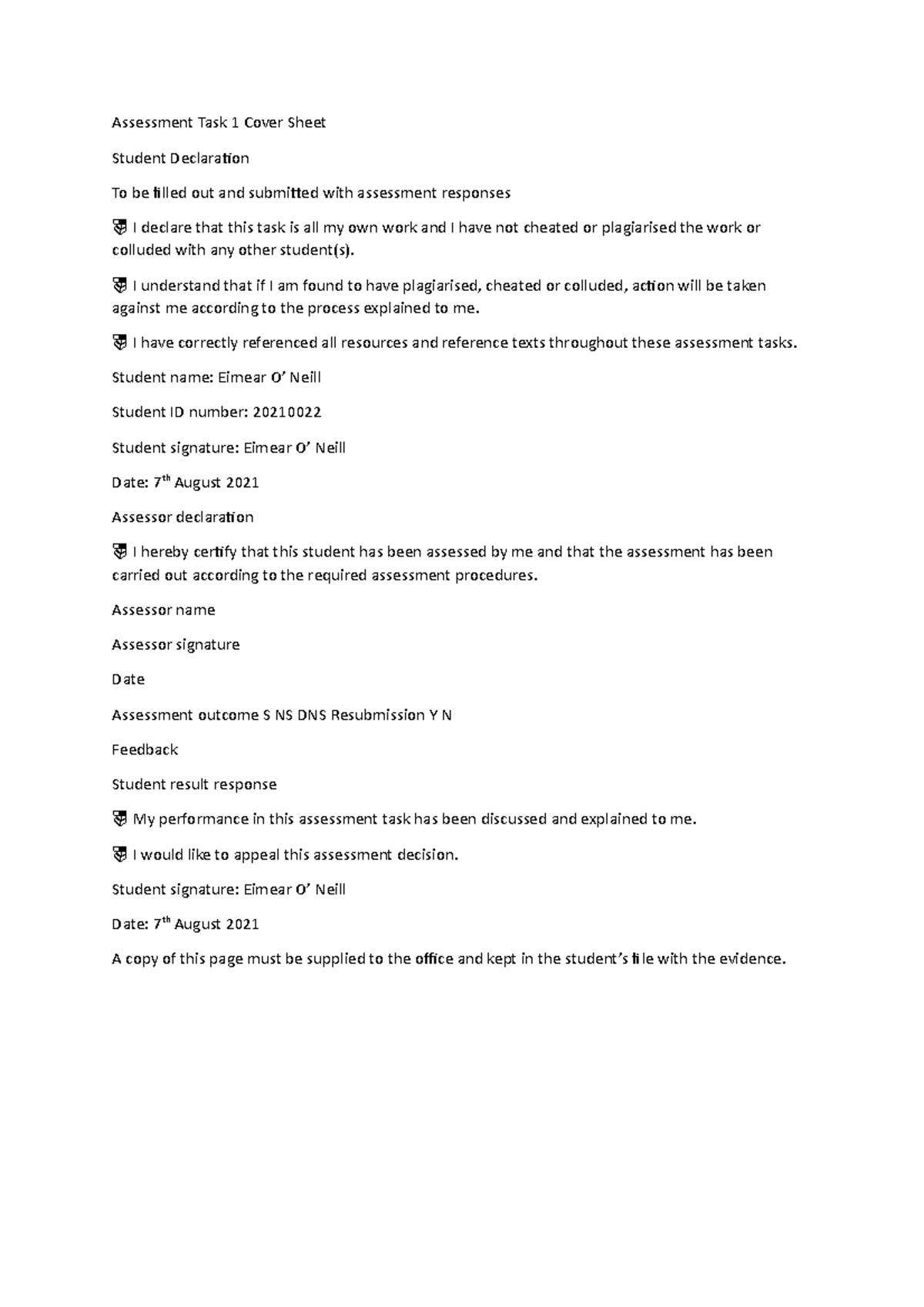 Assessment Task 1 Cover Sheet - Assessment Task 1 Cover Sheet Student ...