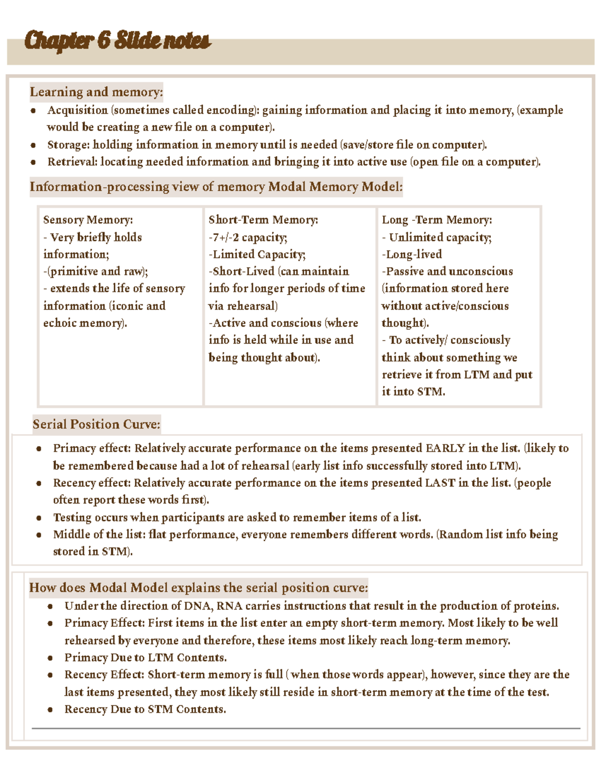Learning and memory slide notes - Chapter 6 Slide notes Learning and ...