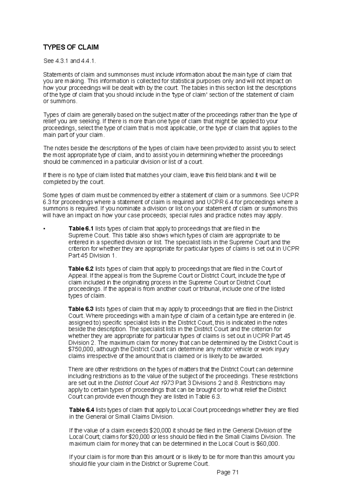 UCPR - Types of claim template - Retain - TYPES OF CLAIM See 4.3 and 4. ...