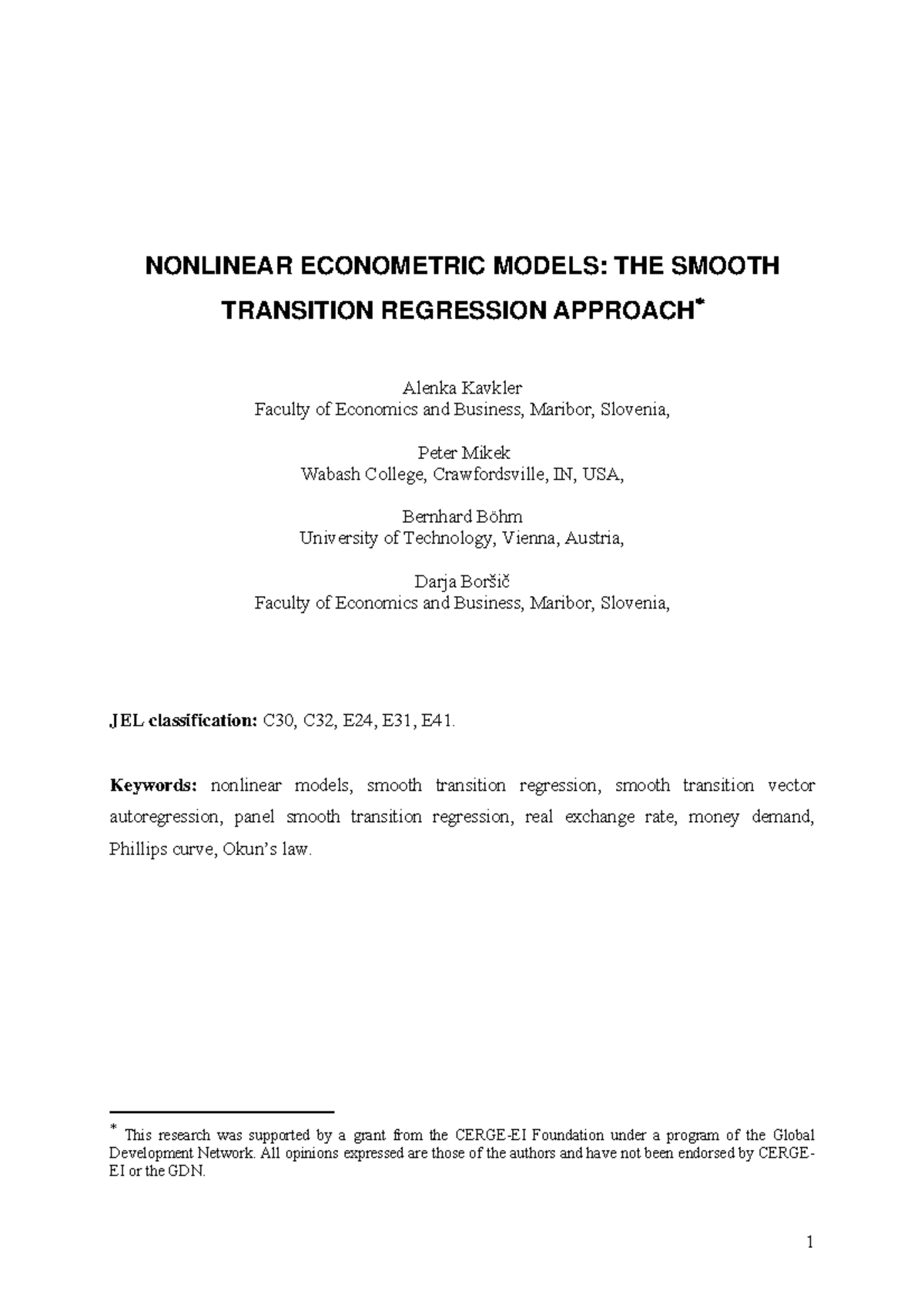 1 Kavkler Smooth Transition Models Nonlinear Econometric Models The Smooth Transition