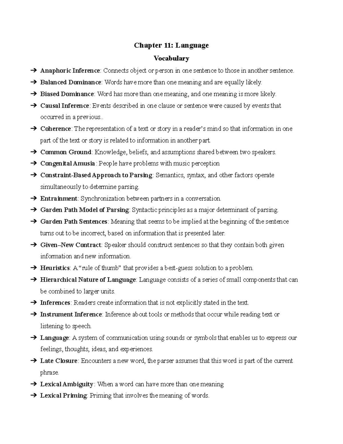 Chapter 11 Language - Chapter 11: Language Vocabulary Anaphoric Inference: Connects object or ...