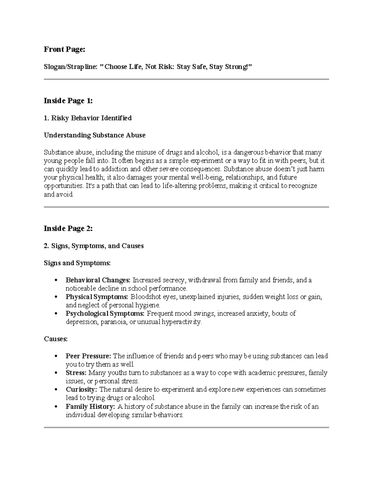 Lo brochure - Front Page: Slogan/Strapline: "Choose Life, Not Risk ...