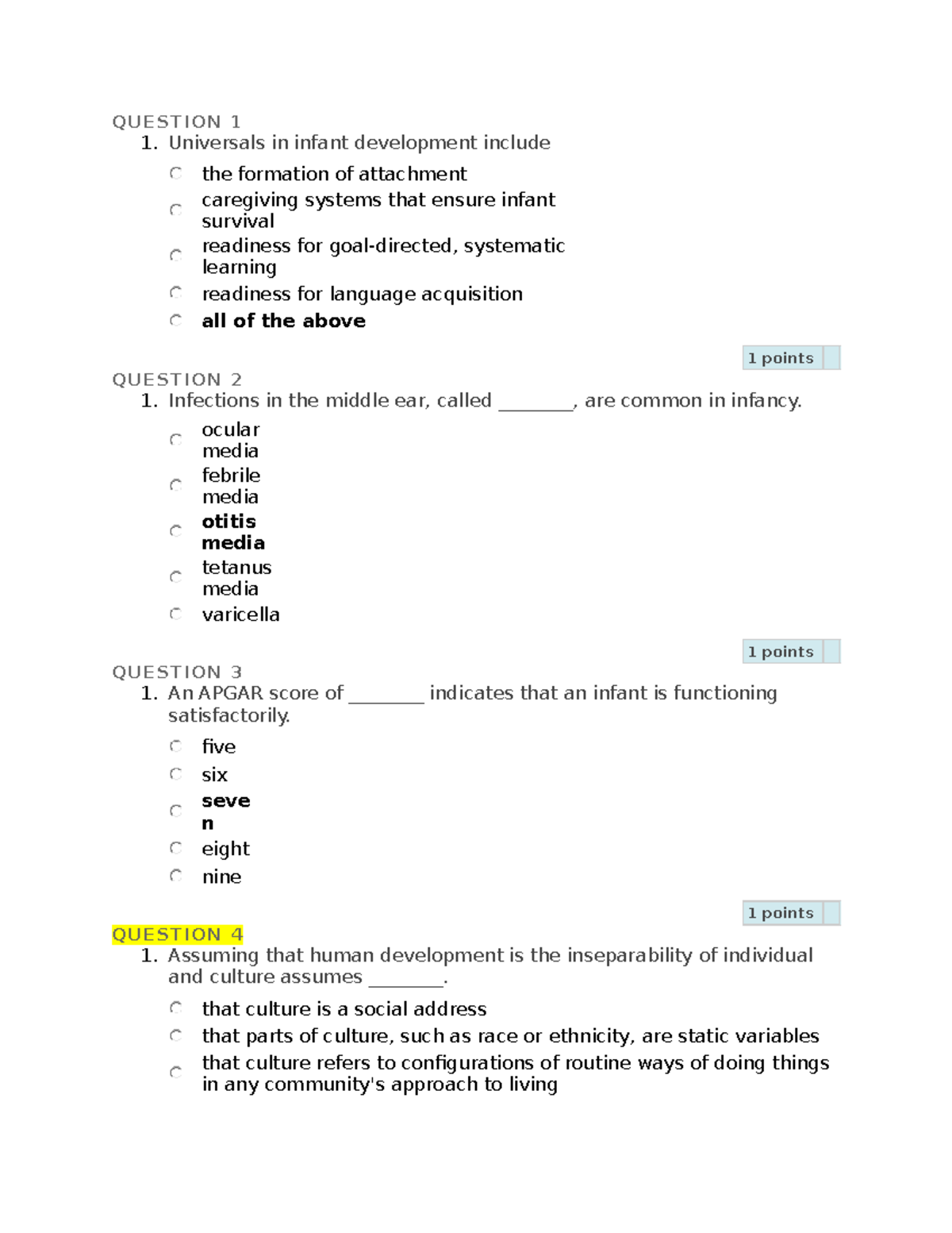 Quiz 12 Attempt #1 - Quiz 12 - QUESTION 1 1. Universals in infant ...