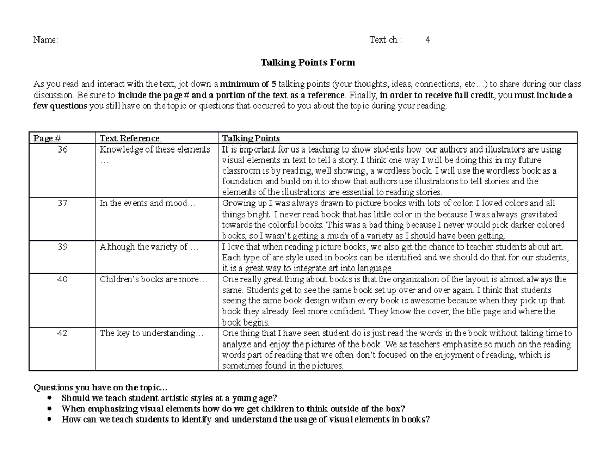 Talking Points 4 - Name: Text ch.: 4 Talking Points Form As you read ...