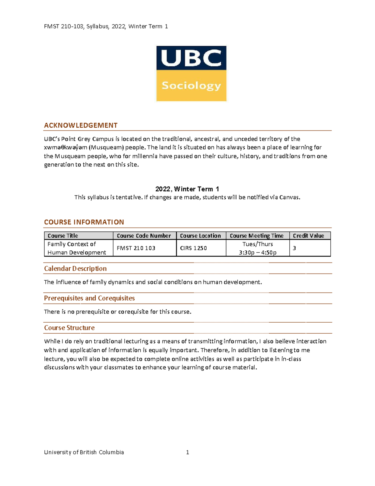 FMST 210 103 2022W1 Syllabus - ACKNOWLEDGEMENT UBC’s Point Grey Campus ...