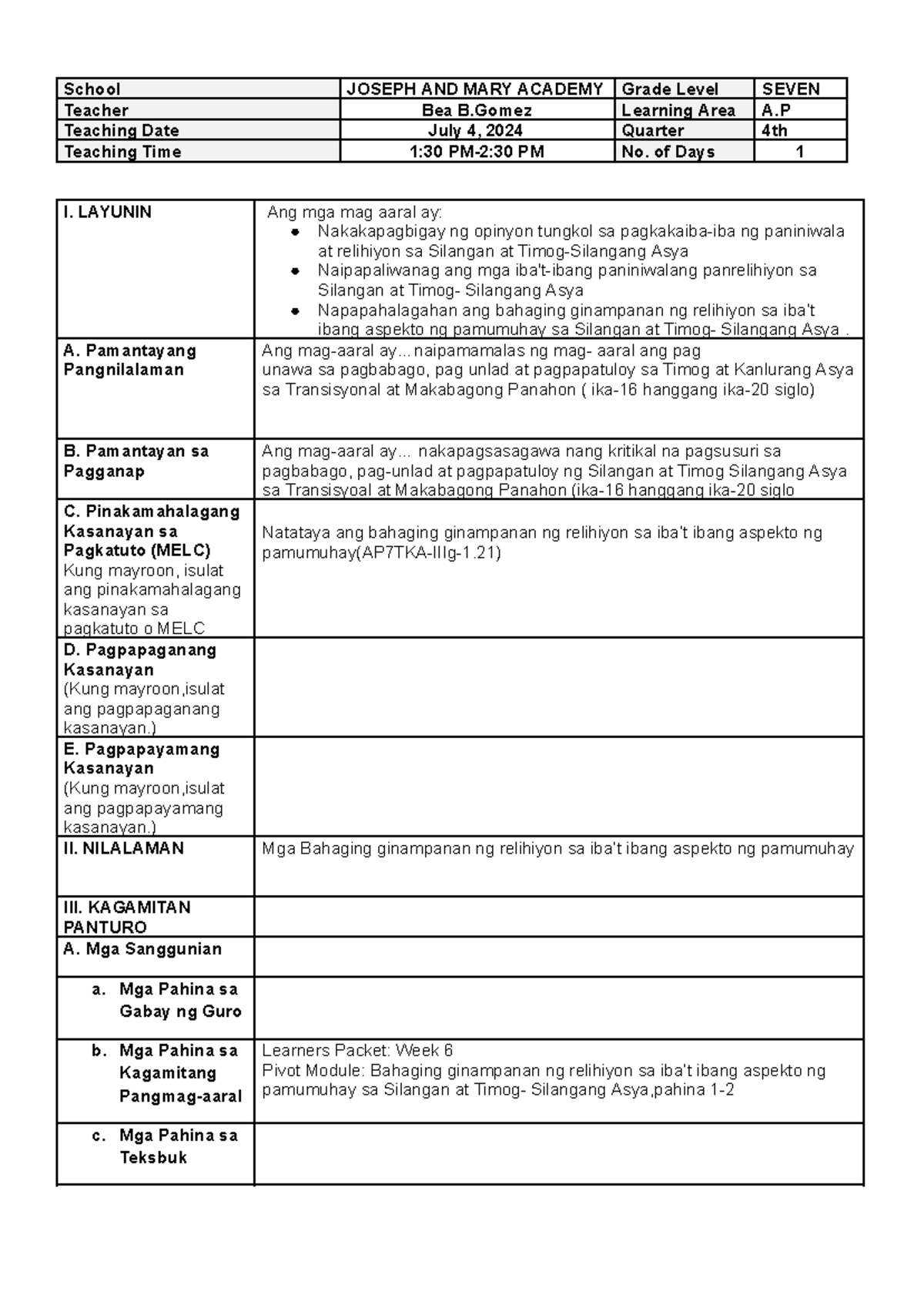 Detailed Lesson Plan in Aralling Panlipunan sa Grade 7 tungkol sa ...