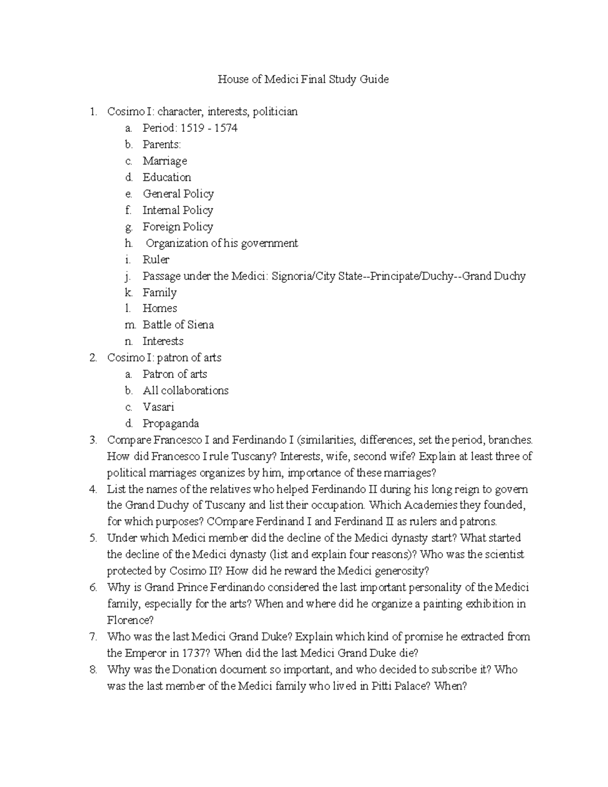 House of Medici Final Study Guide - House of Medici Final Study Guide ...
