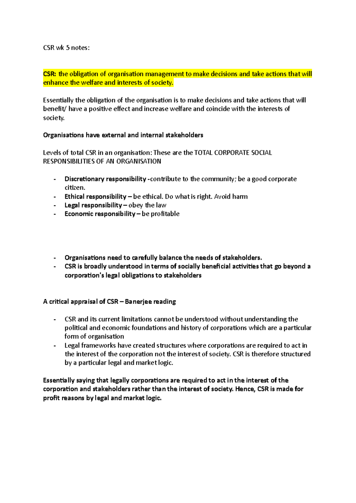CSR wk 5 notes - CSR wk 5 notes: CSR: the obligation of organisation ...