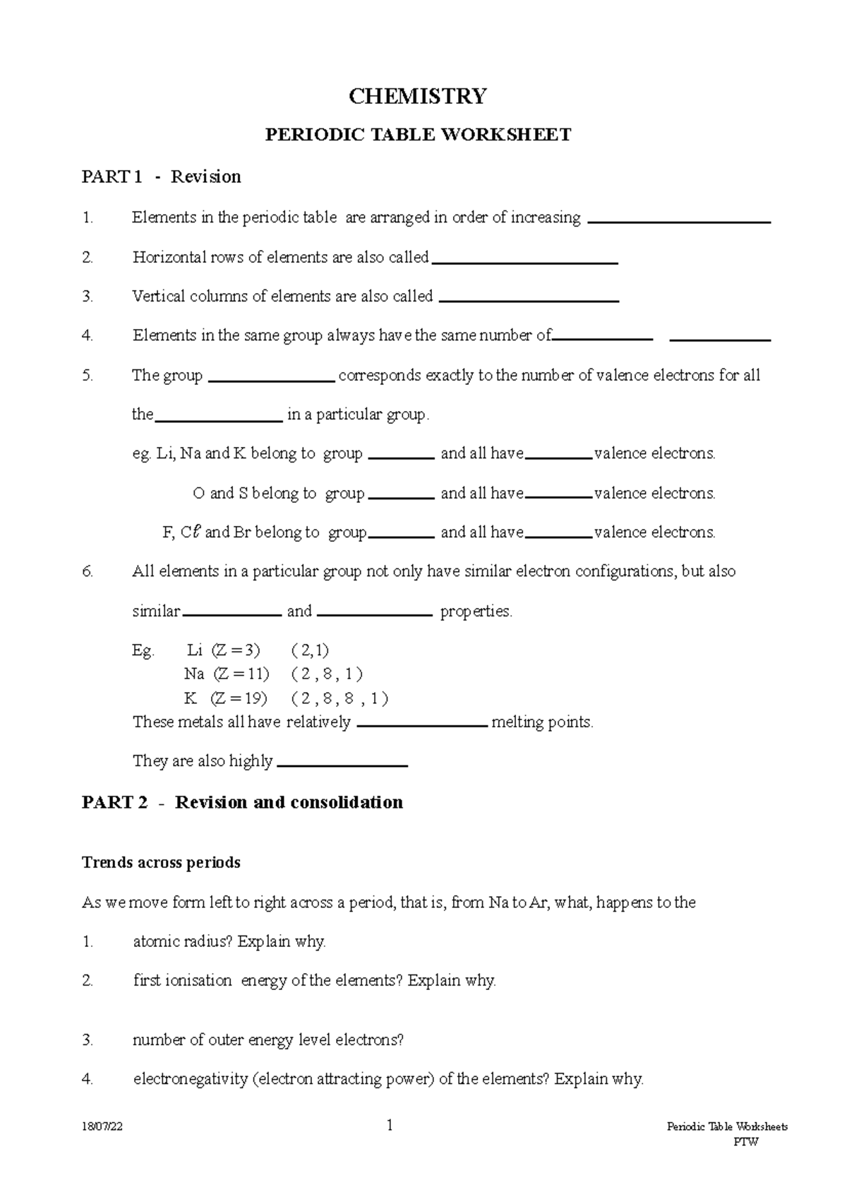 PT Worksheet - Very Helpful Exam Preparation - CHEMISTRY PERIODIC TABLE ...