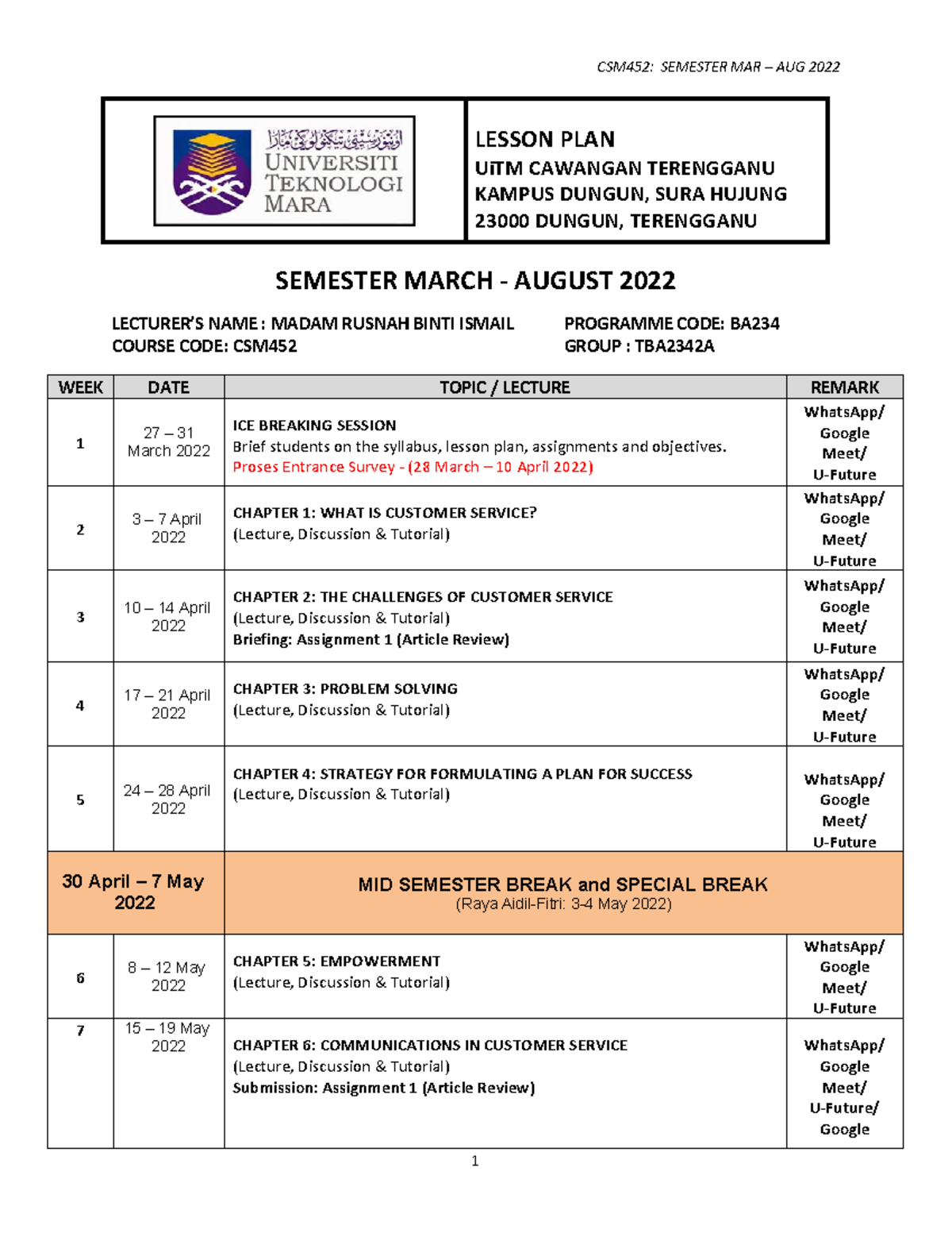 CSM452 Lesson PLAN - CSM452: SEMESTER MAR – AUG 2022 1 LESSON PLAN UiTM ...