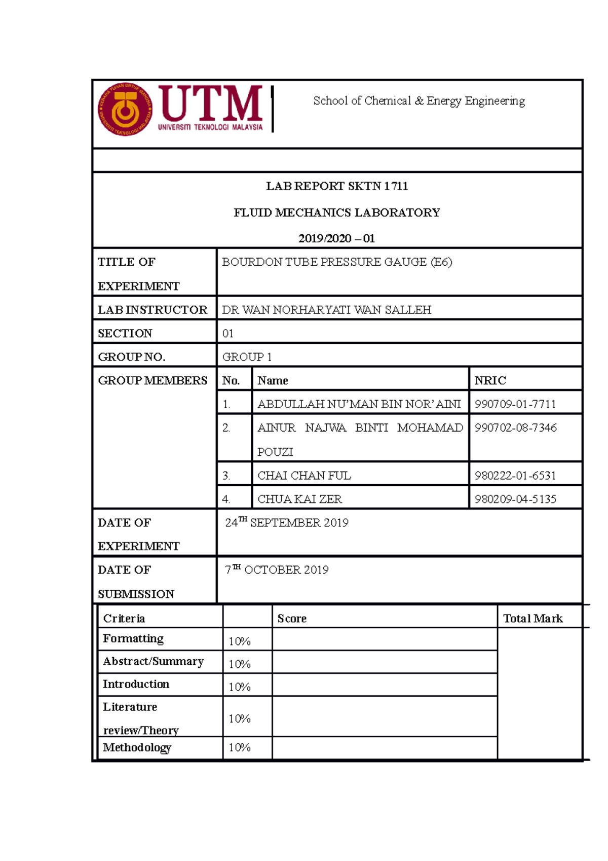 Fluid full report E6 - LAB REPORT SKTN 1711 FLUID MECHANICS LABORATORY ...