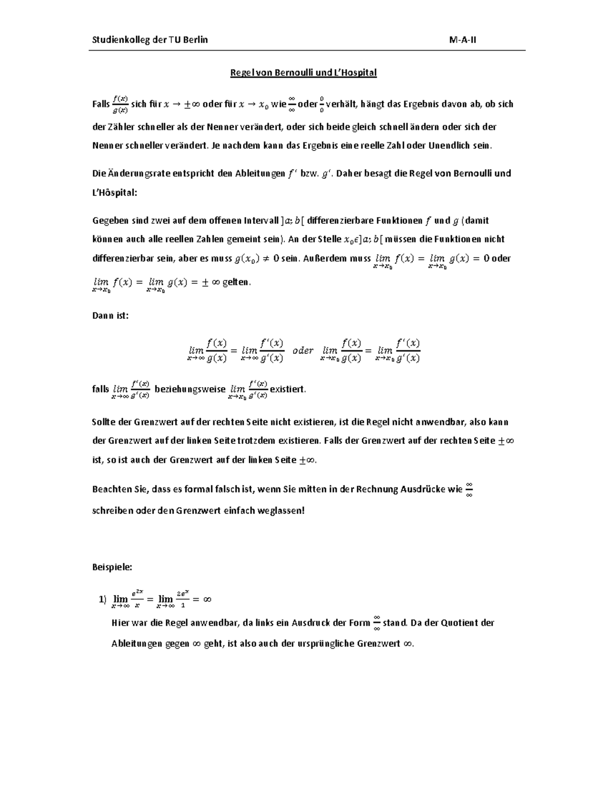 Übungen zu Bernoulli LHospital - Studienkolleg der TU Berlin M-A-II ...