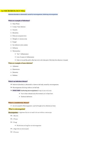 Micro notes test 1 - MICRO Fall 2022 CHAPTER 1 Aug 30, 2022 INFECTIONS ...