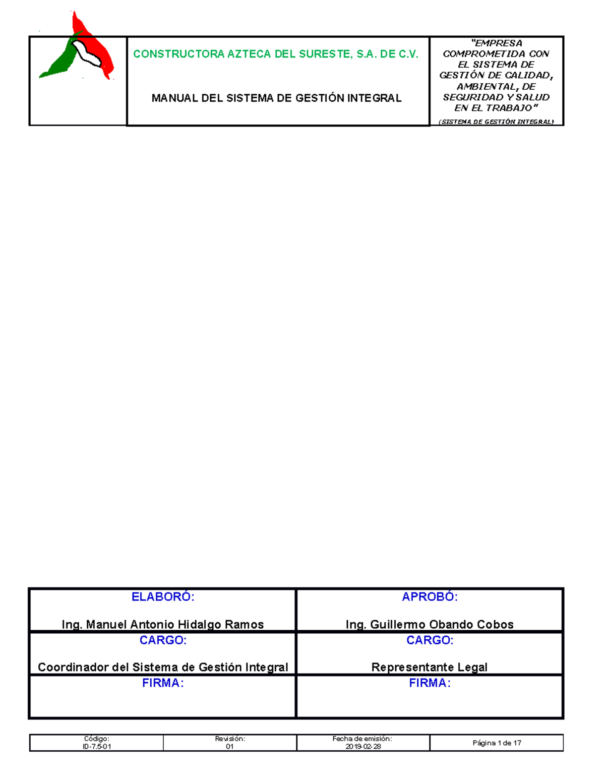 ID-7.5-01 Manual de gestión Integral - CONSTRUCTORA AZTECA DEL SURESTE, S. DE C. MANUAL DEL ...