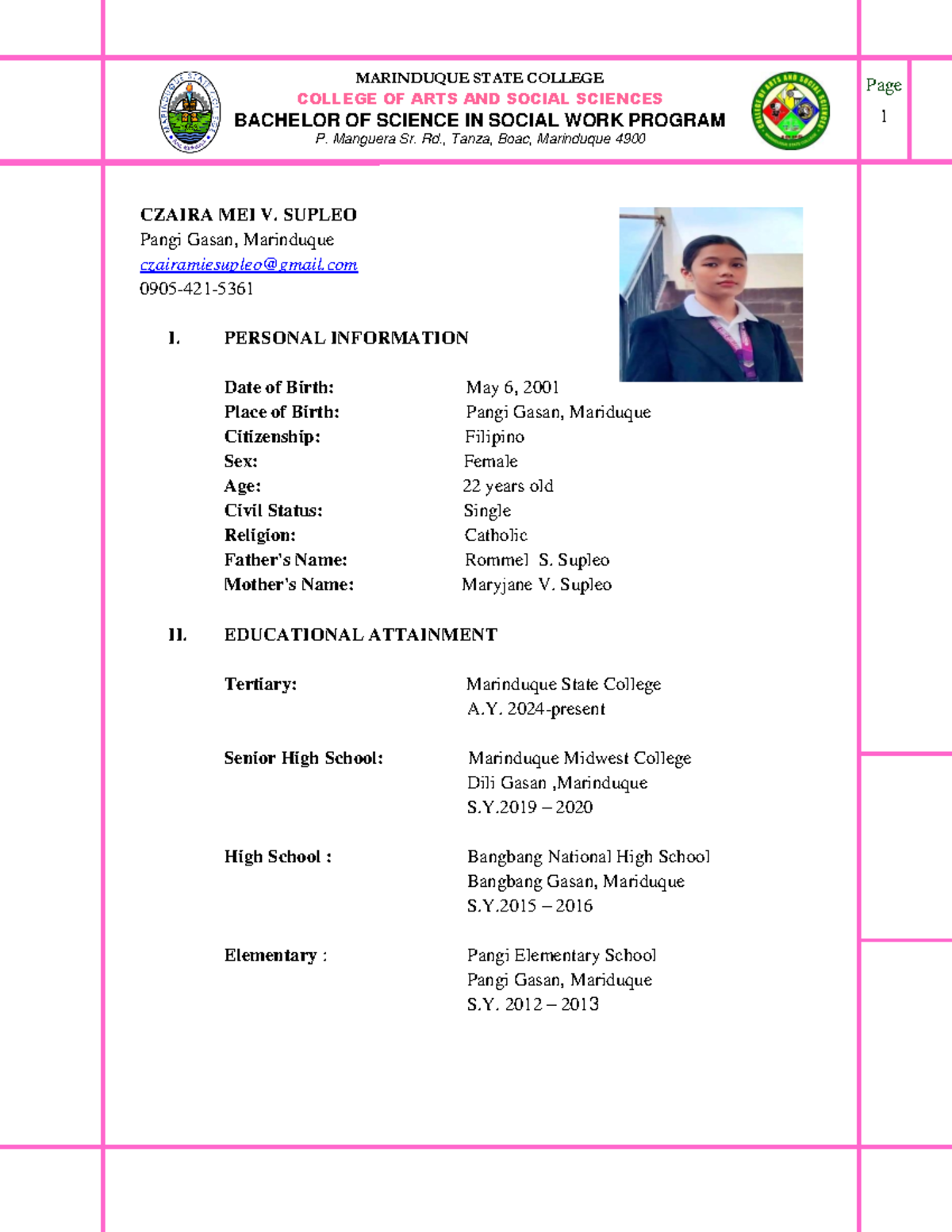 Curriculum Vitae of the Proponents - Page 1 COLLEGE OF ARTS AND SOCIAL ...