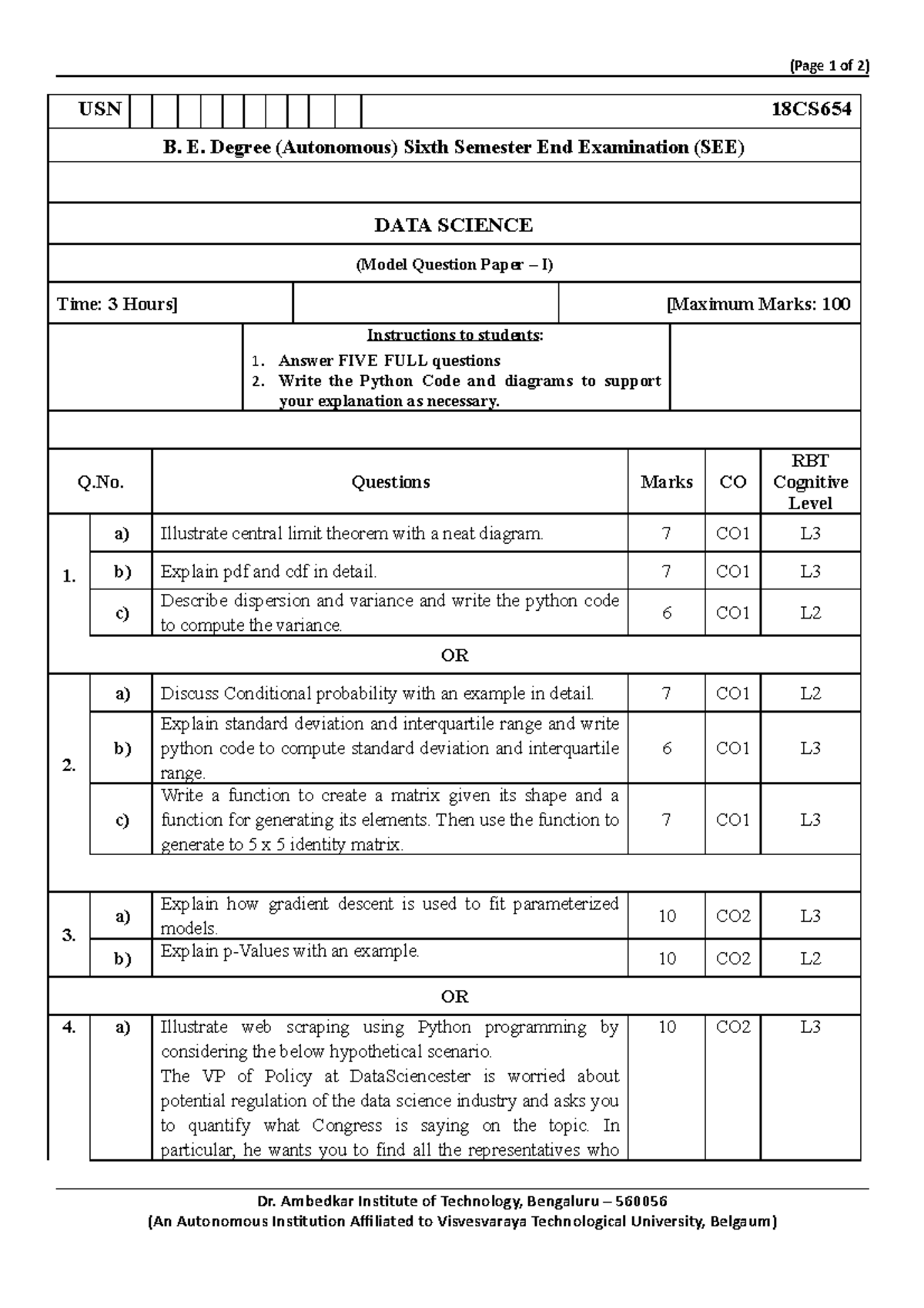 Data Science Model Question Paper 1 - (Page 1 of 2) USN 18CS B. E ...